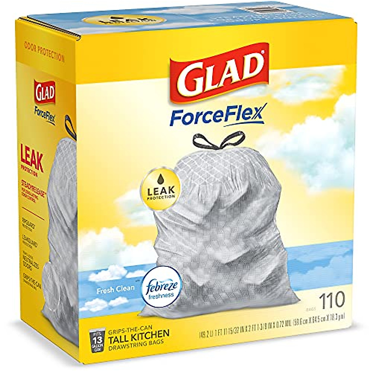 Glad Tall Kitchen Drawstring Trash Bags - Odorshield 13 Gallon White Trash Bag, Febreze Fresh Clean, White, Not Applicable, Febreze - Fresh Clean, 110 Count