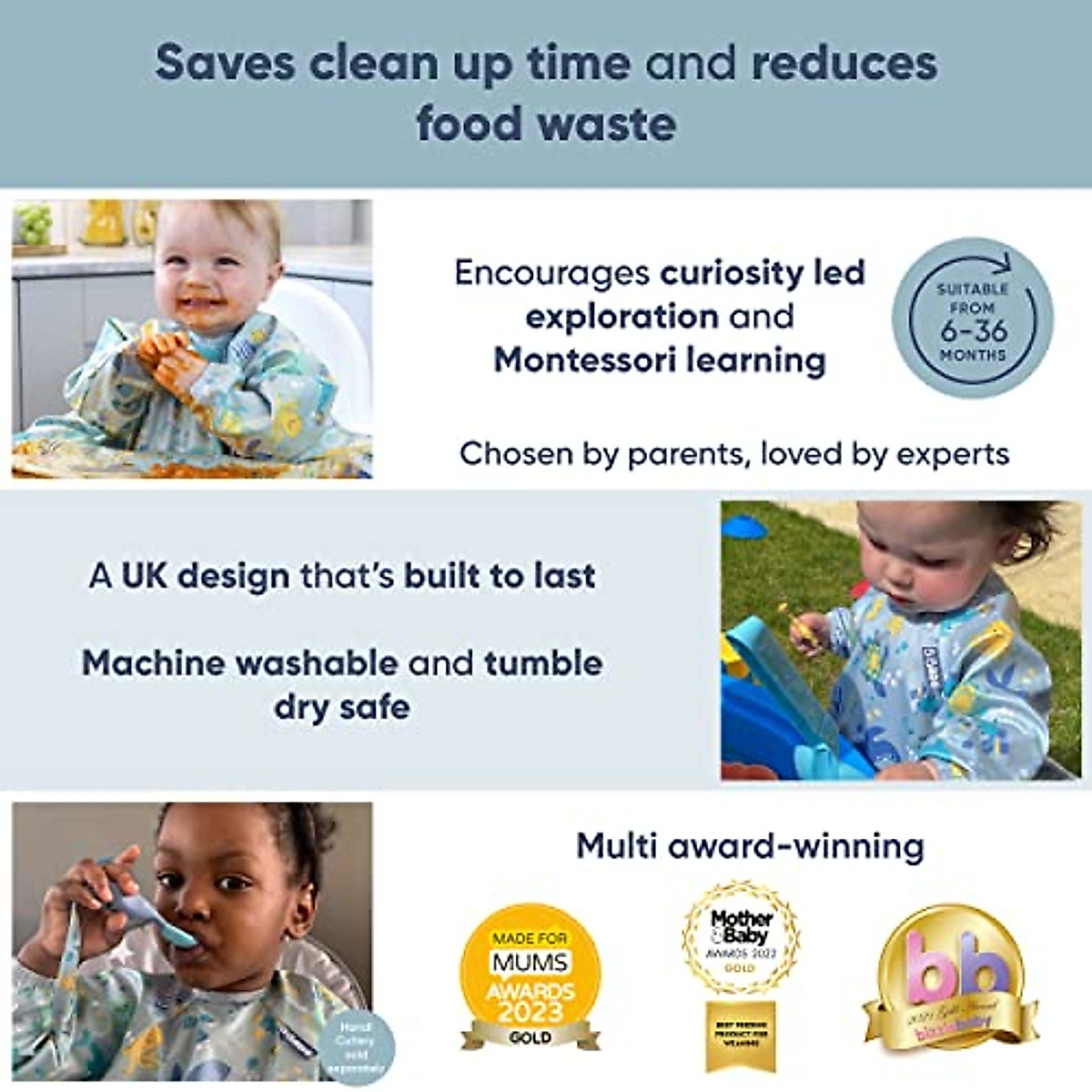 BIBaDO - Long Sleeve Baby Bibs - Babies & Toddlers 6-36 Months - Coverall Baby Led Weaning Bib - Easy Wipe, Soft & Waterproof