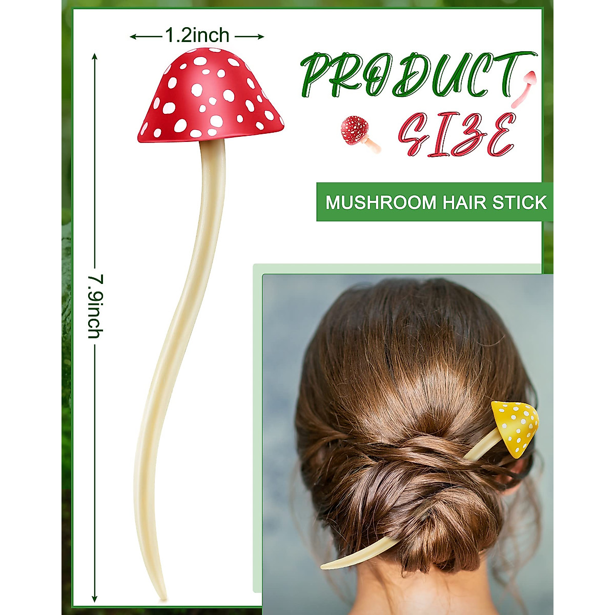 Taiyin Hair Clip Mushroom Hair Sticks, 2 Pcs Christmas Hair Sticks for Long Hair, Cute Print Hair Sticks Accessories for Women/Girls, Red, Yellow