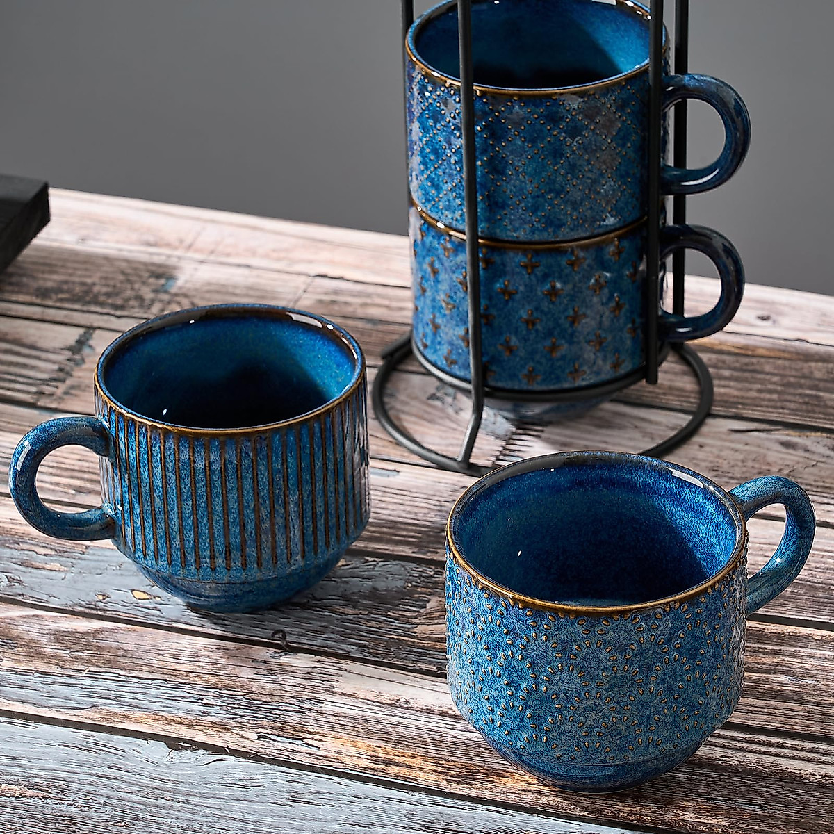 JH JIEMEI HOME Large Ceramic Coffee Mug Set of 4 with Stand, 15 Oz Stackable Different Embossment Ribbed Latte Cup Set for Cappuccino, Tea, Hot Cocoa, Drinks - Dishwasher & Microwave Safe, Blue