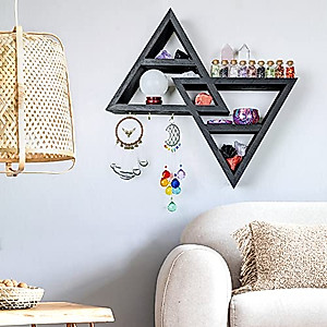 Crystal Shelf Display with Hooks - Black Moon Phase Triangle Shelf for witchy room decor - Moon shelf for Aesthetic shelves room decor, crystal organizer shelf for Living Room , Bed Room ,Bath Room