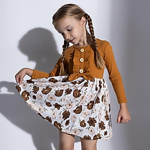 PATPAT Baby Toddler Floral Print Bowknot Dress Colorblock Round Neck Long sleeves Fall Dress for Girls 5-6 Years