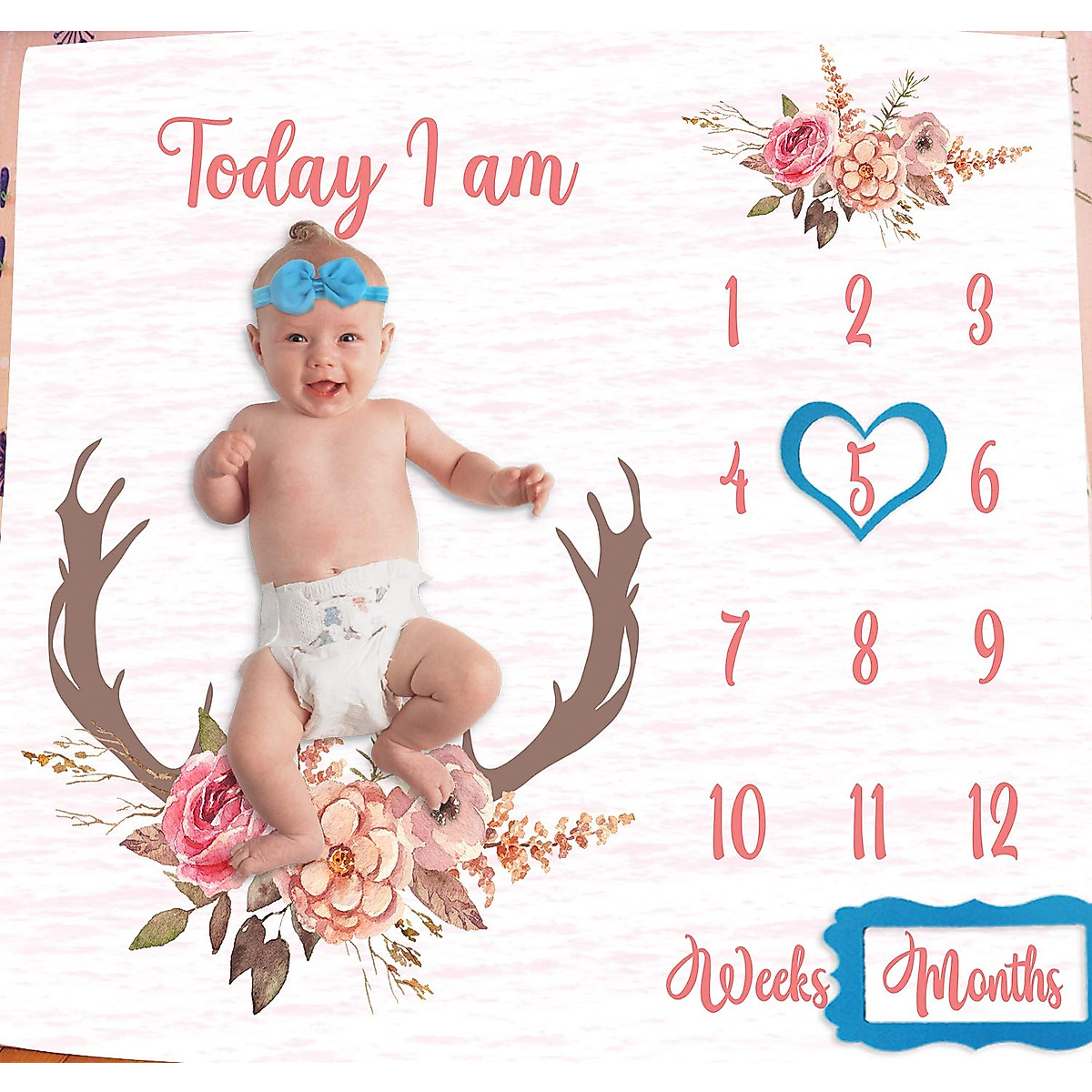 PHMOJEN Baby Monthly Milestone Blanket | Deer Antler Flowers with Words | Pink | Baby Growth Chart Monthly Blanket | Includes Markers 47"x47" BTLSPH68