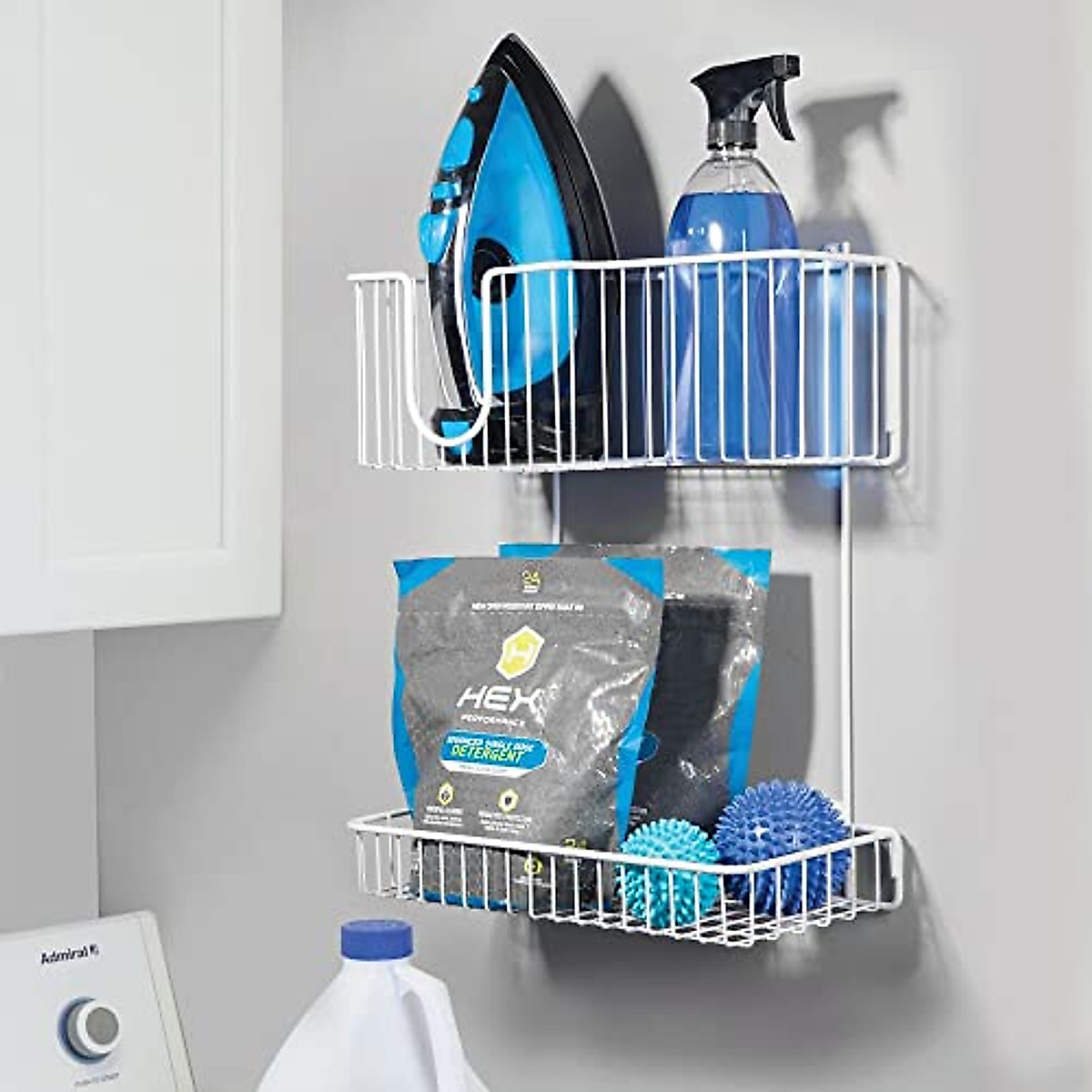 mDesign Metal Wire Wall Mount Laundry Room Storage Organizer, 2 Levels - Large Basket Holds Iron, Lower Shelf Holds Laundry Detergent, Fabric Softener, Stain Remover - White