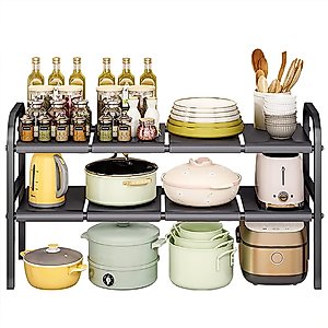 TLCHEN 2 Tier Under Sink Organizers and Storage,Expandable Cabinet Shelf Organizer,with 8 Removable Panels Multi-Purpose Storage Shelf,for Kitchen Bathroom Storage Rack(BLACK)