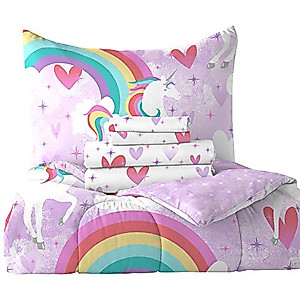 dream FACTORY Kids 5-Piece Complete Set Easy-Wash Super Soft Microfiber Comforter Bedding, Twin, Purple Unicorn Rainbow