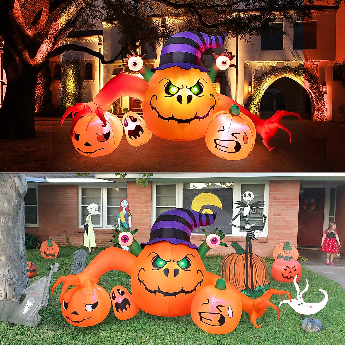 Wothfav 8FT Long Halloween Inflatable Outdoor Decorations, Pumpkin Decorations with Build-in LED Lights, Blow Up Jack-o-Lantern for Indoor Outdoor Halloween Party, Yard, Garden, Lawn