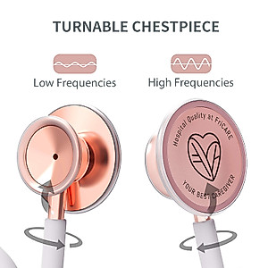 FriCARE Rose Gold Stethoscope - Gorgeous Stethoscopes for Nurses, RN, Nursing School Students - Dual Head Estetoscopio for Professionals, StethoMedic Essentials, Nurses Day Gift, White Tubing, 29 inch