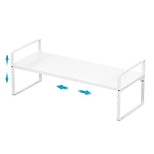 iPEGTOP Expandable Cabinet Storage Shelf Organizer Rack, Heavy Duty Steel Metal Spice Rack Adjustable Height Pantry Garage Shelf Space Riser for Counter Kitchen Organization, White, 1 Pack