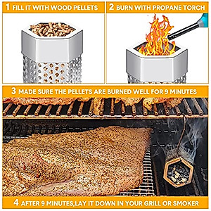 4 Pcs Pellet Smoker Tube 6 Inches Stainless Steel Perforated BBQ Wood Pellet Tube Smoker with 8 Hooks and 4 Brushes for Cold/hot Smoking Cheese, Pork, Fish, Nuts, Beef