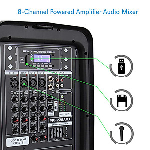Pyle PA Speaker DJ Mixer Bundle - 300 W Portable Wireless Bluetooth Sound System w/ USB SD XLR 1/4" RCA Inputs - Dual Speaker, Mixer, Microphone, Stand, Cable - Home/Outdoor Party - PPHP28AMX,Black