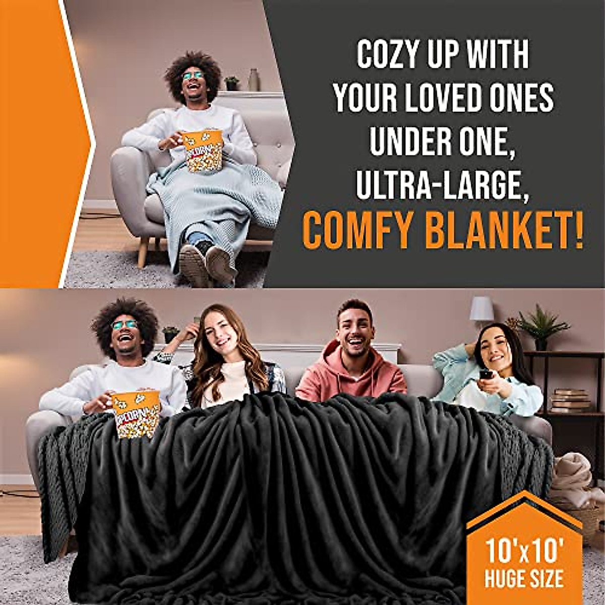 Big Oversized Blanket, 10' x 10' (120'' x 120'') Large Blanket for Families, Extra Soft, Lightweight, Plush Giant Blanket for All Seasons, XL Oversize Fleece Throw, Worlds Biggest Blanket (Black)