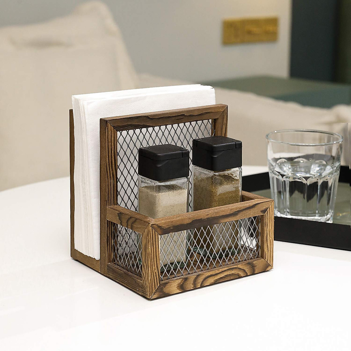 MyGift Rustic Burnt Solid Wood Farmhouse Napkin and Salt and Pepper Shaker Holder with Chicken Wire Side Panel Design, Kitchen Napkin Holder and Condiment Rack