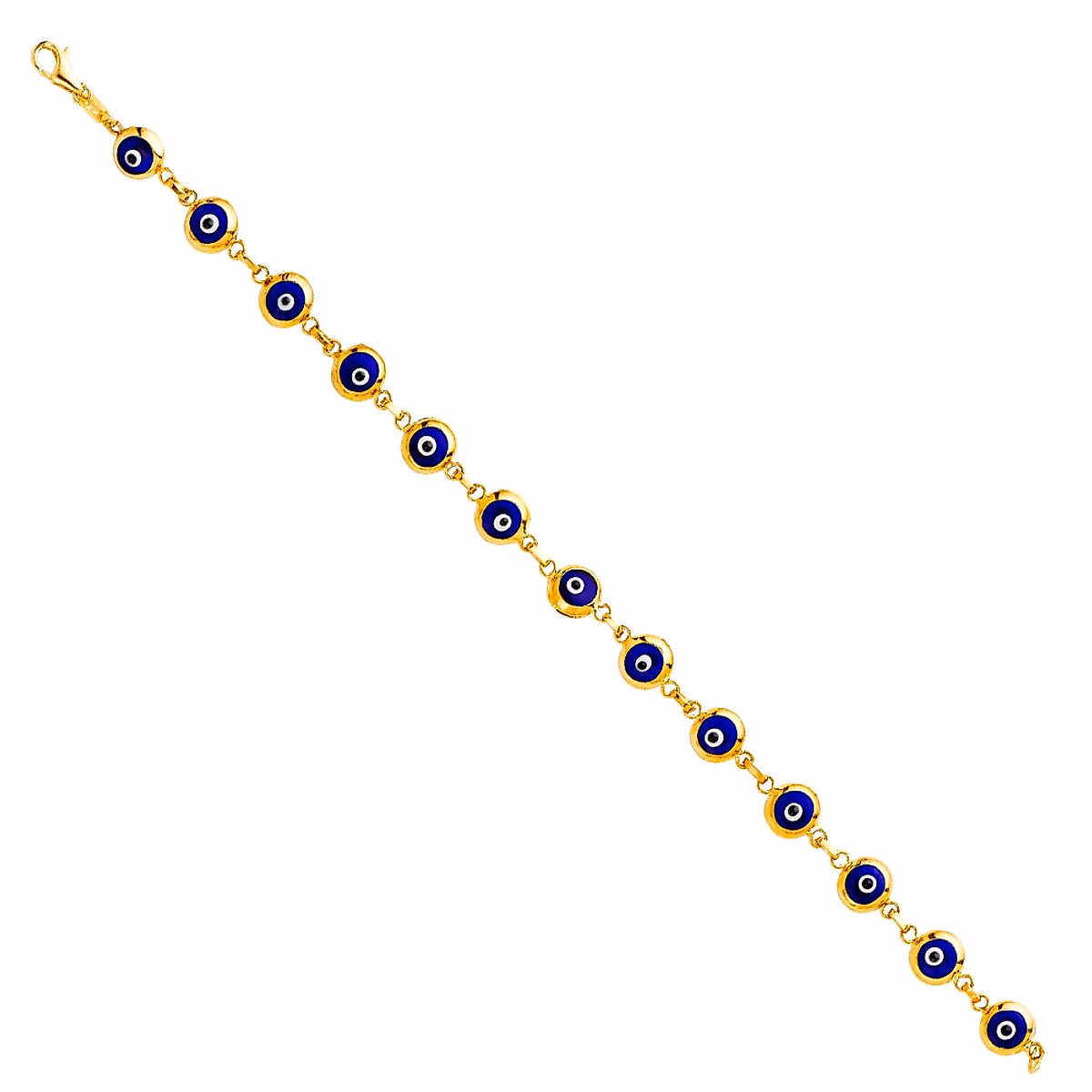 14k REAL Yellow Gold Blue Evil Eye Bracelet - 7.5"