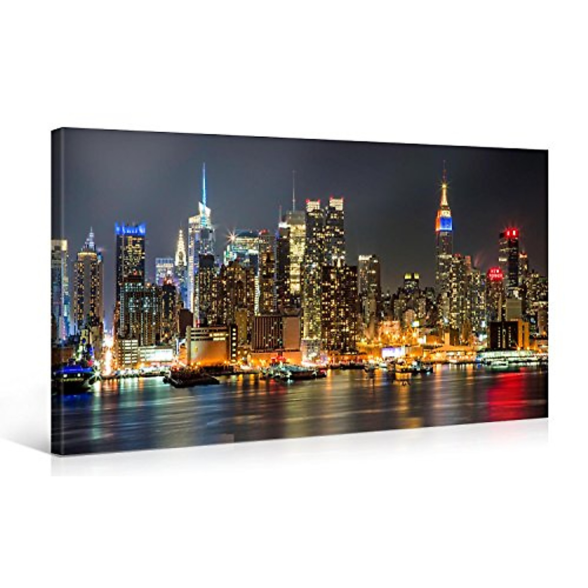 Picanova Illuminated Manhattan New York 100 x 50 cm - Premium Canvas Print - Art Print on 2 cm Wooden Stretcher Frame for Bedroom and Living Room Print on Canvas, Multi-Colour