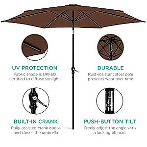 Best Choice Products 10ft Outdoor Steel Polyester Market Patio Umbrella w/Crank, Easy Push Button, Tilt, Table Compatible - Brown