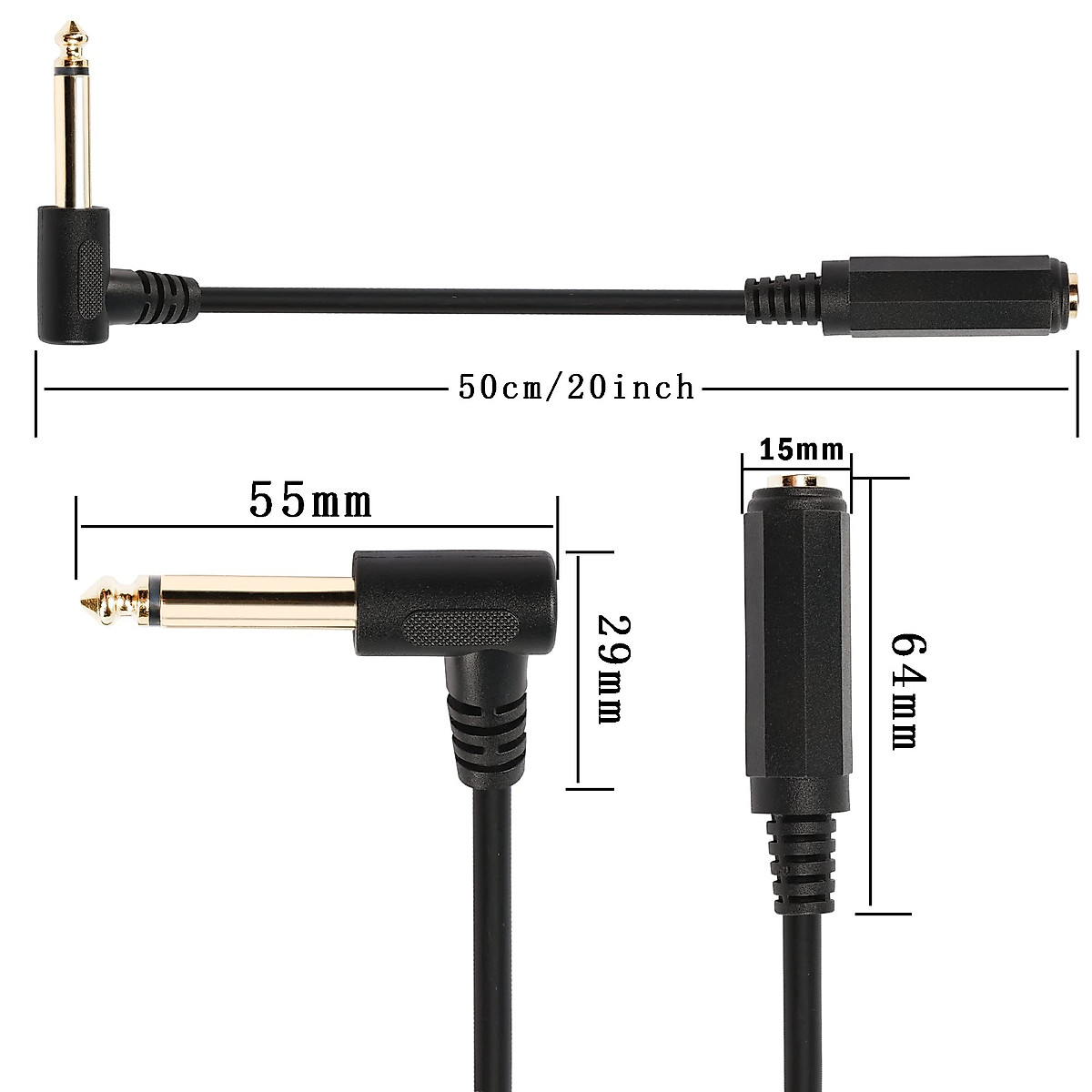 PNGKNYOCN Right Angle 1/4 TS Guitar Cable 90 Degree 6.35mm Mono Male to Female Extension Cable for Amplifiers,Guitars,Pianos,Home Theater Equipment Etc. （50cm）