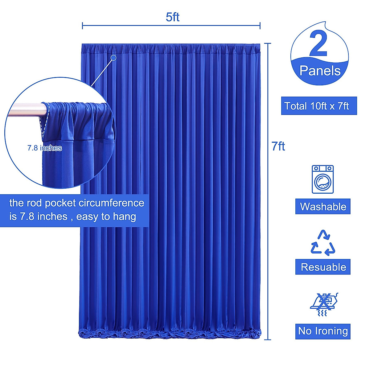 10ft x 7ft Royal Blue Backdrop Curtain for Parties Blue Wrinkle Free Backdrop Drapes Panels for Baby Shower Birthday Party Wedding Photo Photography Polyester Fabric Background Decoration