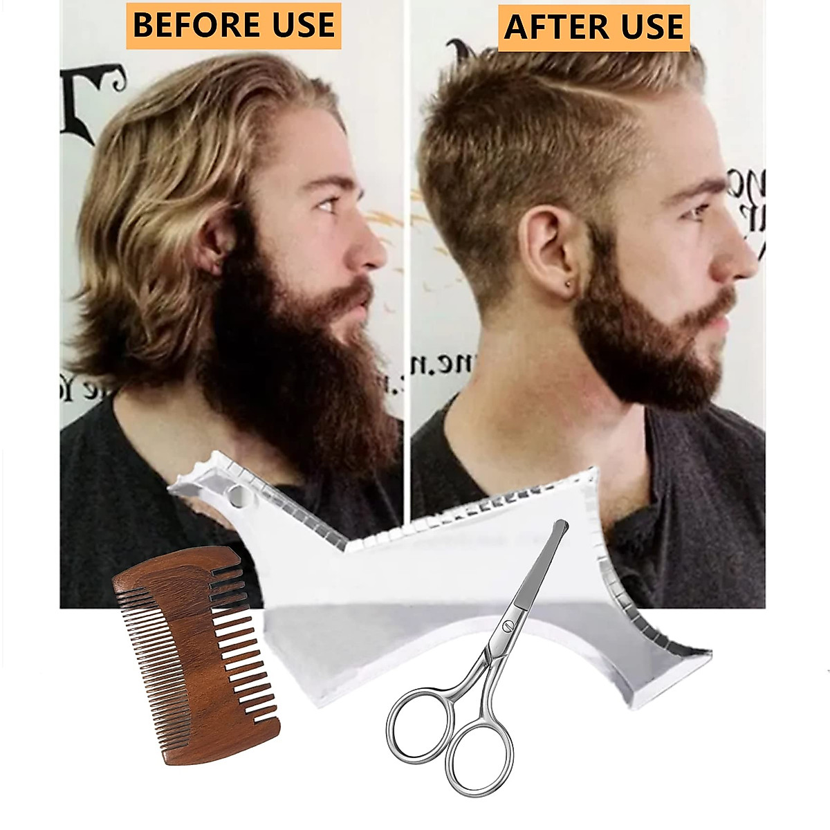 5 Sets Beard Care Grooming Kit/Beard Shaper,Wood Comb with Leather Case,Mustache Scissors,Storage Toiletry Bag,Beard Template for Men Beard Lineup Guide for Shaving