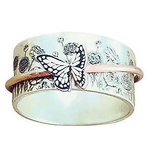 Personalized Retro Inspiration Butterfly Meditation Alloy Ring Butterfly Rotating Ring Inspirational Ring for Anxiety Fidget Rings for Relieving Stress Anxiety Ring Engagement Ring (Size 10)