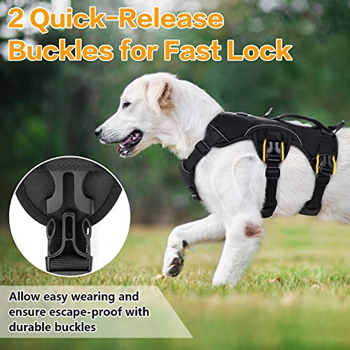 rabbitgoo Escape Proof Dog Harness, Soft Padded Full Body Pet Harness, Reflective Adjustable No Pull Vest with Lift Handle and Leash Clip for Large Dogs Walking Hiking Training, L, Black