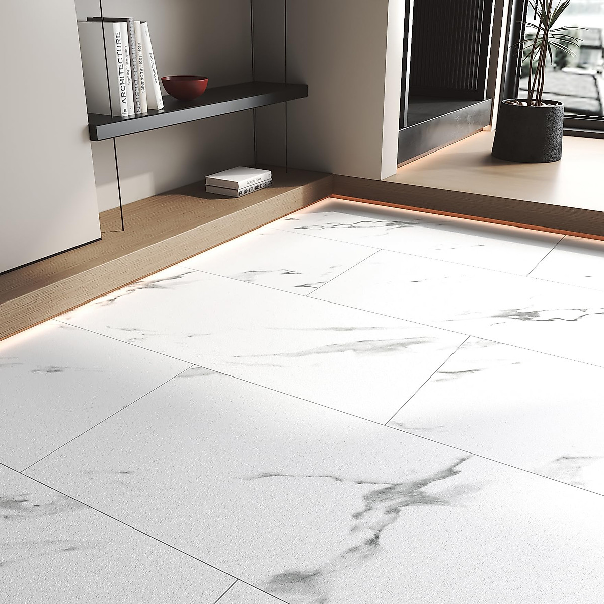 FunStick 12"x24" 15 Pcs White Peel and Stick Floor Tile Marble Vinyl Flooring for Bathroom Floor Tiles Peel and Stick Wall Tiles Waterproof Grey Stick on Flooring Sticky Tiles for Kitchen RV Flooring