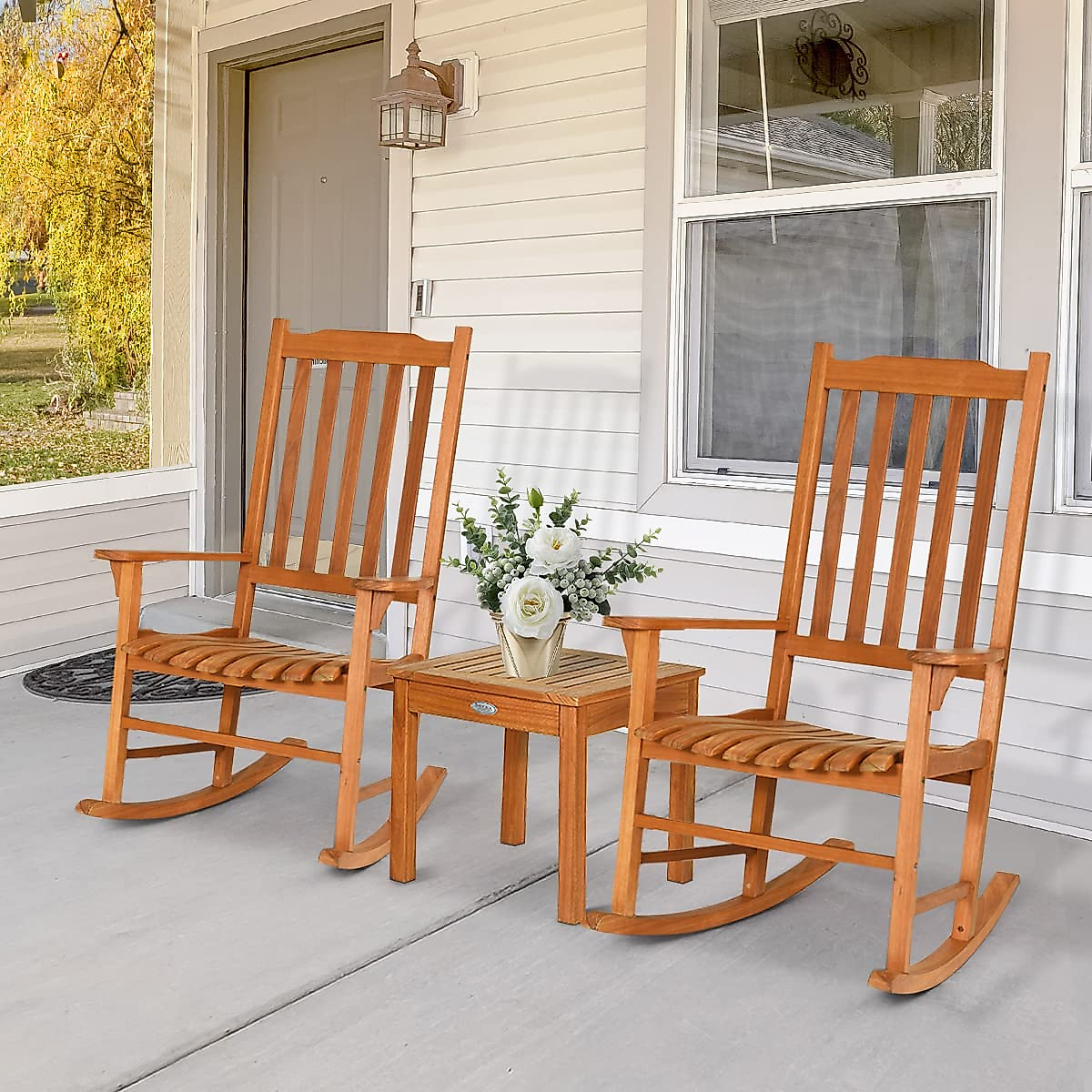 Tangkula 3 Piece Patio Rocking Bistro Set, Patiojoy Eucalyptus Wood Conversation Set with 2 Rockers and 1 Coffee Table, Outdoor Rocking Chair Set with Coffee Table for Porch, Patio and Backyard