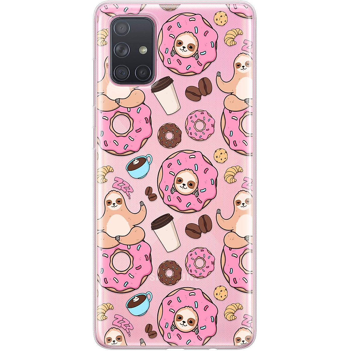 Slim TPU Phone Case Compatible with Samsung Galaxy A72 A71 5G A70 A51 A32 A21 A11 A12 A01 Flexible Yoga Clear Cover Sloth Pink Donut Animal Cute Silicone Kawaii Durable Coffee Soft, Sloth Donut
