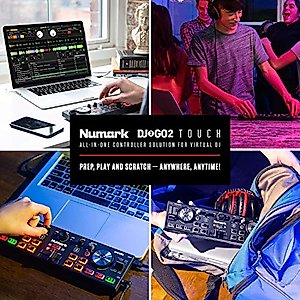 Numark DJ2GO2 Touch – Compact 2 Deck USB DJ Controller For Serato DJ with a Mixer / Crossfader, Audio Interface and Touch Capacitive Jog Wheels,Black