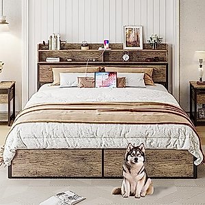 IRONCK King Size Bed Frame, Bookcase Headboard with Charging Station, Platform Storage Bed, Solid and Stable, Noise Free, No Box Spring Needed, Rustic Maple