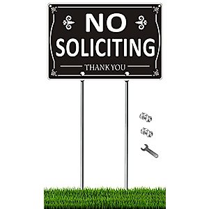 MongFun No Soliciting Sign with Stakes for Yard, 12" x 8" Rust Free Aluminum Sign with 16" Posts (Style A)