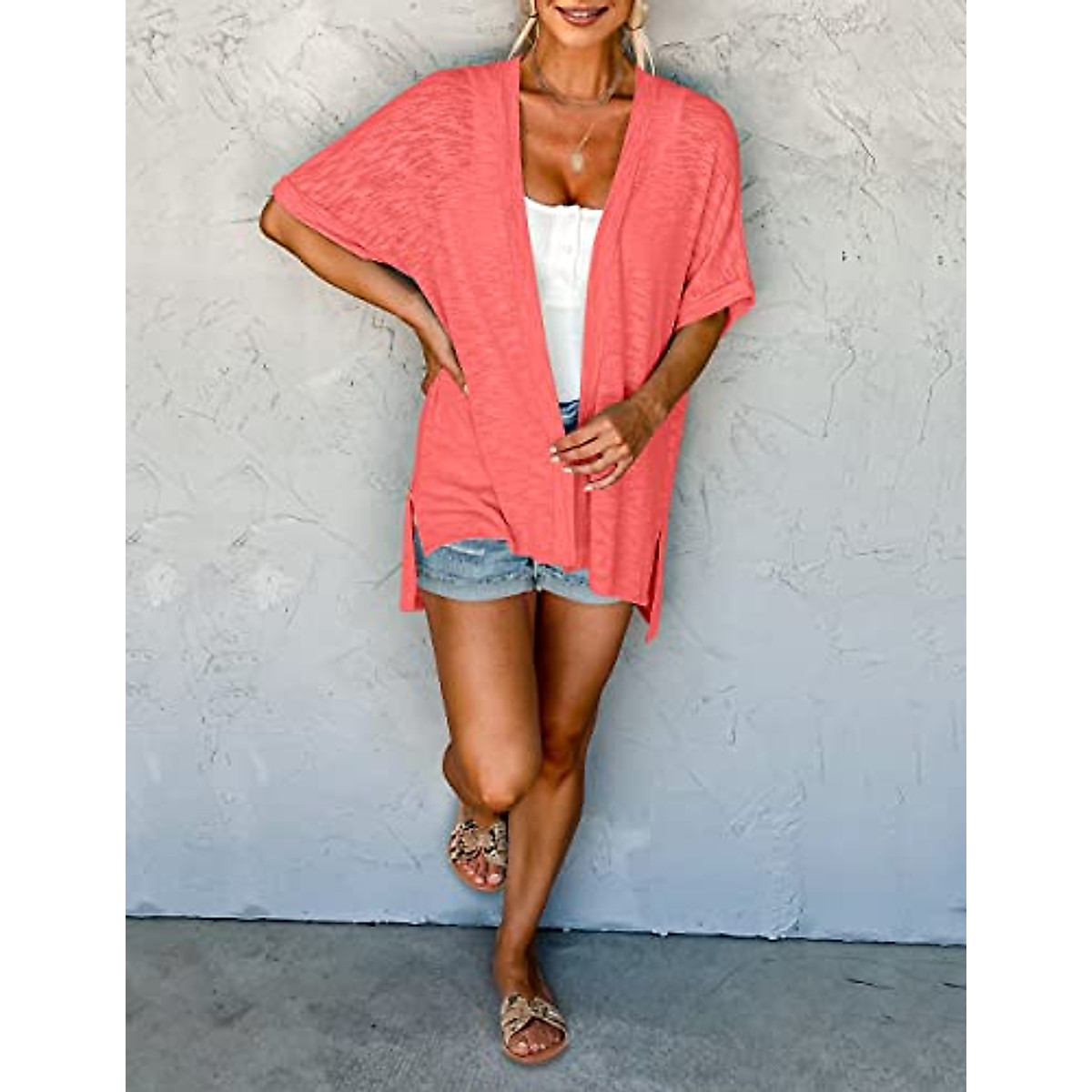 MEROKEETY Womens 2023 Summer Lightweight Cardigan Short Sleeve Open Front Casual Loose Cover Ups,Coral,XXL