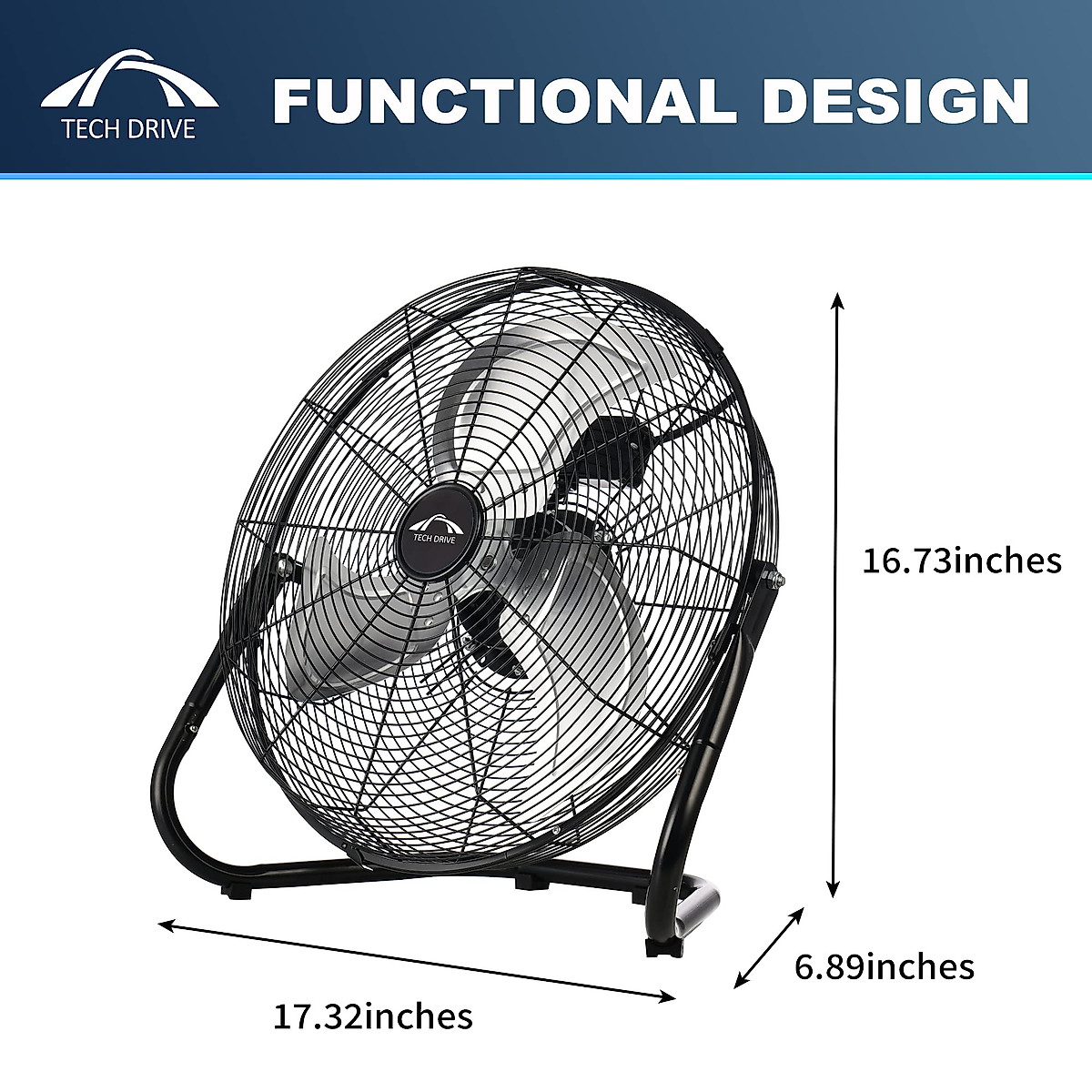 Tech Drive High Velocity Floor Fan,14 inch Heavy Duty Metal Industrial Fans,3 Powerful Speed,360° Adjustable Tilting and All Metal Construction,Black