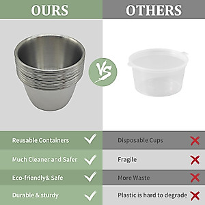 NANSHINE 8pcs Salad Dressing Container To Go, 2.4oz/70ml Stainless Steel Condiment Containers with 4 Colors Silicone Lids, Leakproof Dipping Sauce Cups For Lunch Box, Picnic, Travel