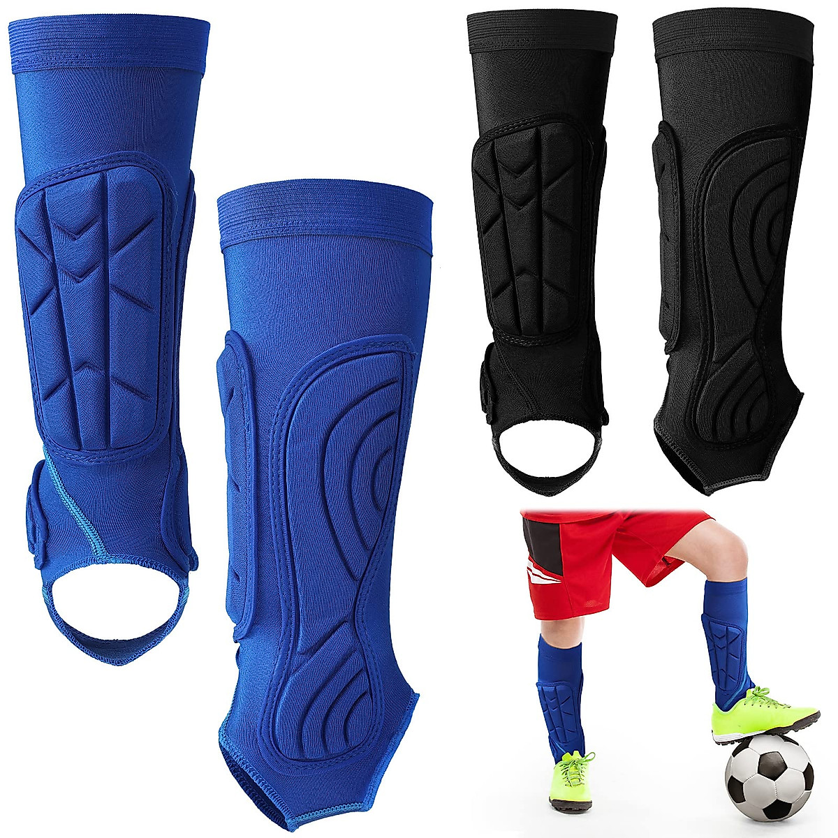 2 Pairs Soccer Football Shin Guards Shin Pads Protective Kids Soccer Ankle Guards Protector Kids Football Gear Equipment with Lower Leg and Ankle Guards Pads for 6-12 Boys Girls Teenagers, Blue Black