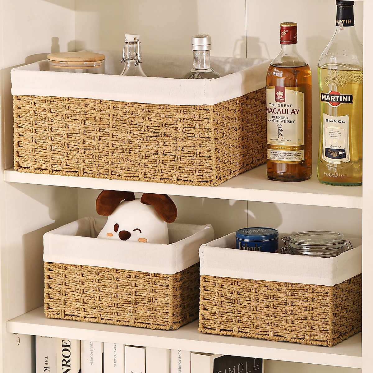 Vagusicc Wicker Storage Basket, 3-Pack Woven Paper Rope Wicker Baskets with Handles, Large Wicker Basket Cube Storage Bins with Liners, Storage Baskets for Organizing Shelves & Decor, Natural