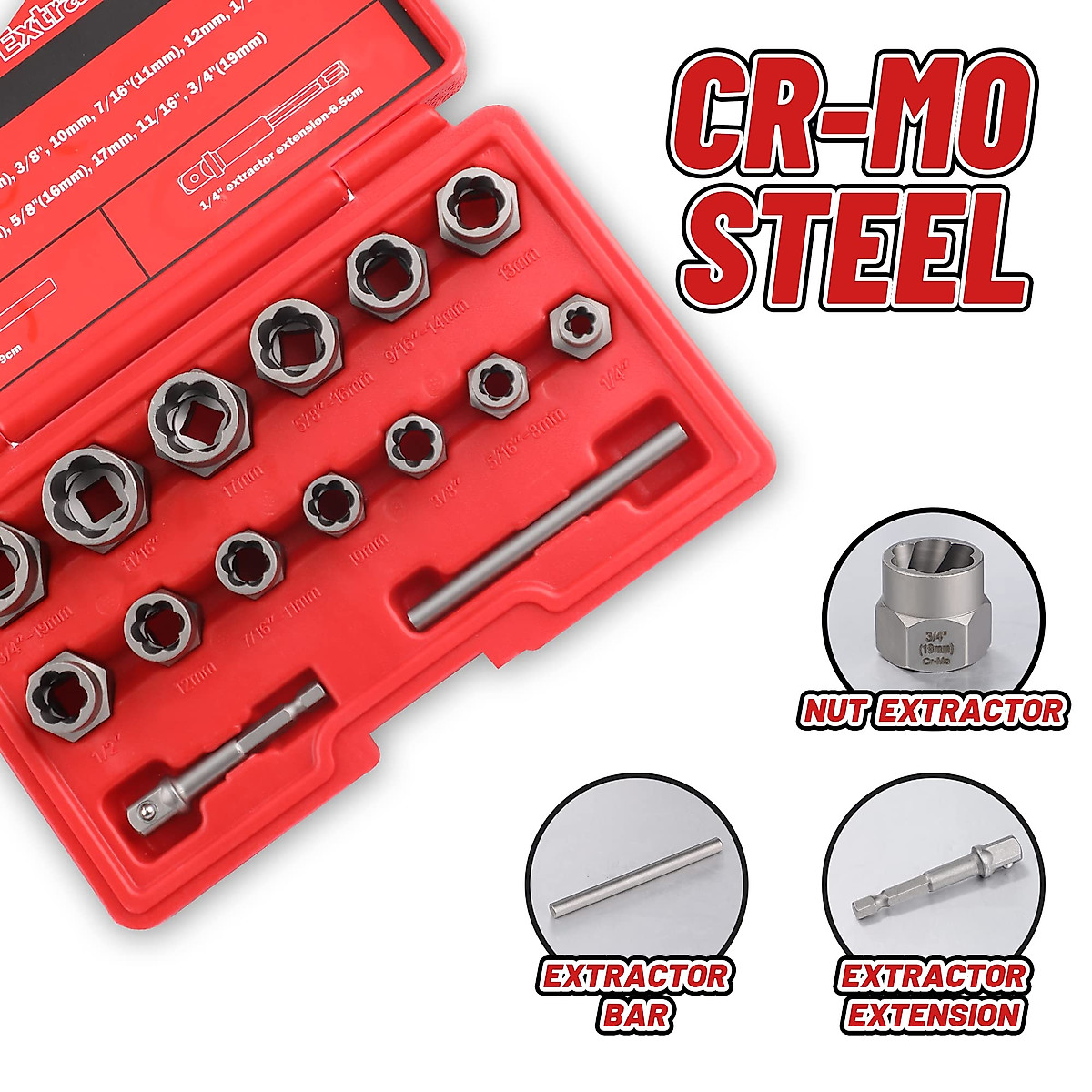 UYECOVE 15-Pcs Bolt Extractor Set, 3/8'' Drive Easy Out Bolt Extractor Set, Stripped Bolt Remover Nut Extractor Set for Damaged, Frozen, Rusted Sockets, Rounded-Off Bolts, Nuts & Screws