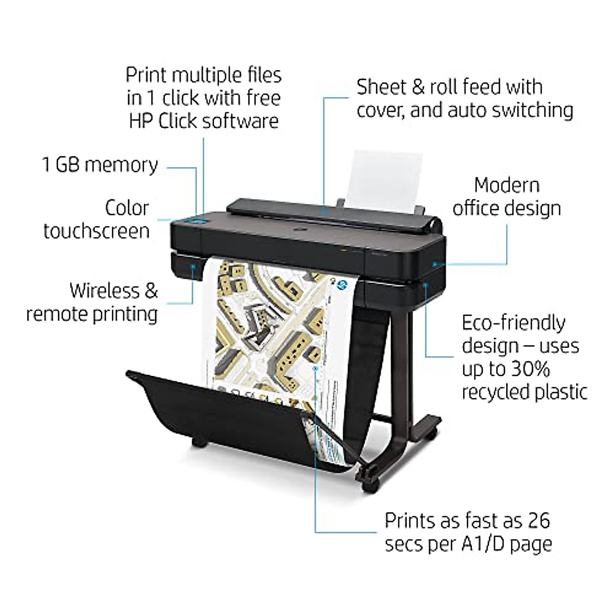 HP DesignJet T650,Color Large Format 24-inch Plotter Printer, Includes 2-Year Warranty Care Pack (5HB08H) ,Black