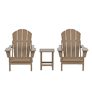 WestinTrends Malibu 3-Pieces Adirondack Chairs Set with Side Table, All Weather Outdoor Seating Plastic Patio Lawn Chair Folding for Outside Porch Deck Backyard, Weathered Wood