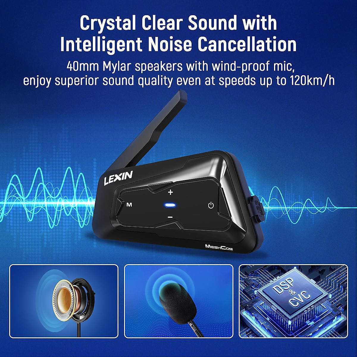 LEXIN MeshCom Motorcycle Bluetooth Headset, Mesh Group Helmet Communication System, Support Audio Multitasking/Music Sharing/Loud Speakers/IP67 Waterproof/Voice Assistant/FM Radio, Dual Pack