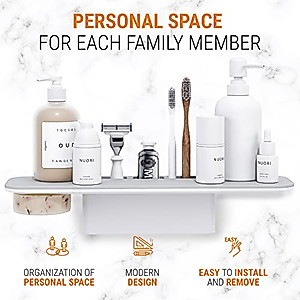 KUKAKETA Bathroom Organizer Shelf with Toothbrush Holders, Soap Dish, Shower Caddy Bathroom Shelves Wall Mounted Shower Shelf Space Saver Bathroom Storage - Adhesive or Drilling (white - light gray)