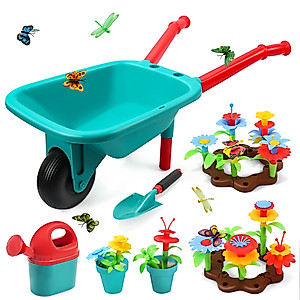 CUTE STONE Kids Gardening Tool Set, Garden Toys with Wheelbarrow, Watering Can, Shovel, Flower Garden Building Toy, Pretend Play Outdoor Indoor Toy, Activities Stem Toy Gifts for Boys Girls