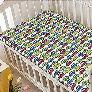 Car Themed Fitted Crib Sheet,Standard Crib Mattress Fitted Sheet Ultra Soft Material-Crib Mattress Sheet or Toddler Bed Sheet, 28“ x52“,Multicolor