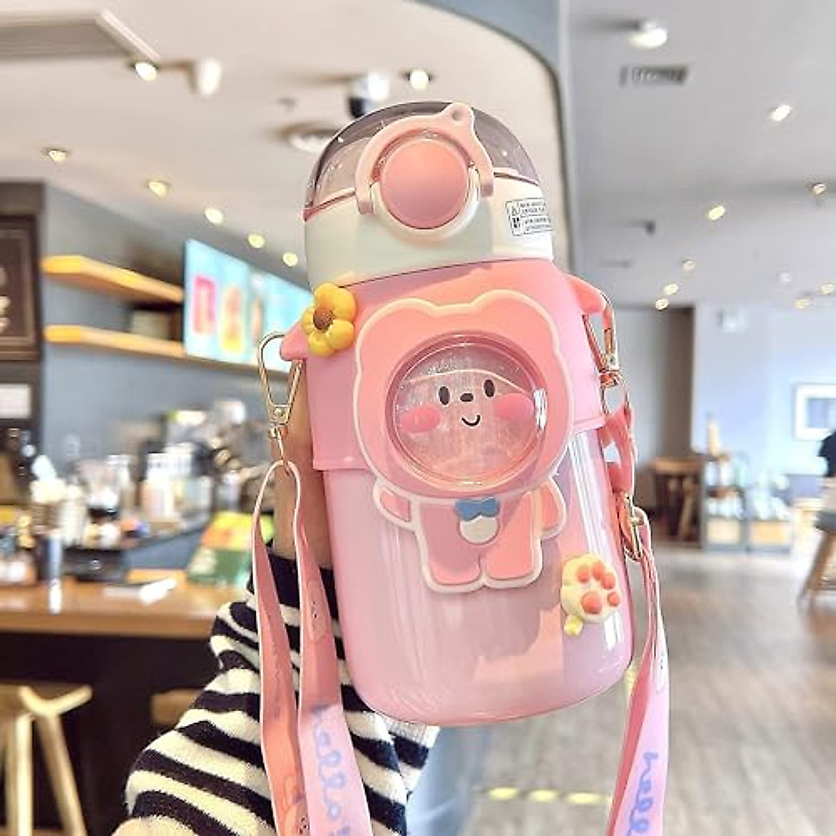 Kawaii Bear Straw Water Bottle with Shoulder Strap, Leak-proof Stainless Steel Vacuum BPA free Cute Insulated Water Bottles and Kawaii Stickers for Girls School Office(Pink)