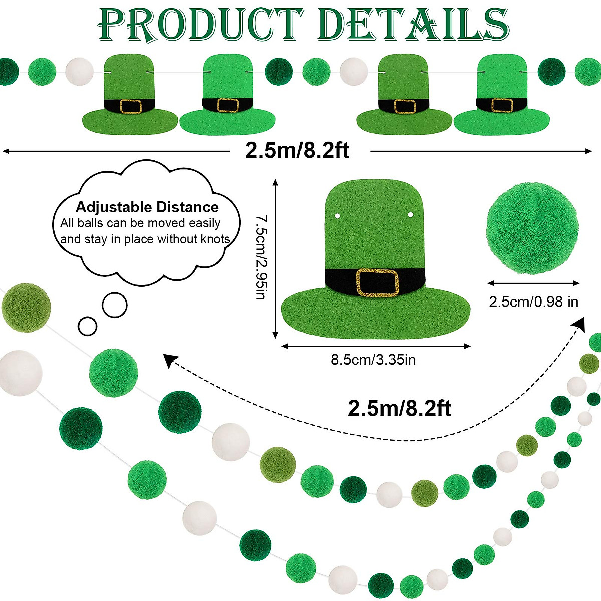 Tatuo 3 Pieces St. Patrick's Day Pompom Garlands Felt Pompom Ball Garlands Irish Wall Hanging Garlands Colorful Pom Pom Banners for St. Patrick's Day Irish Party Indoor Outdoor Home Supplies