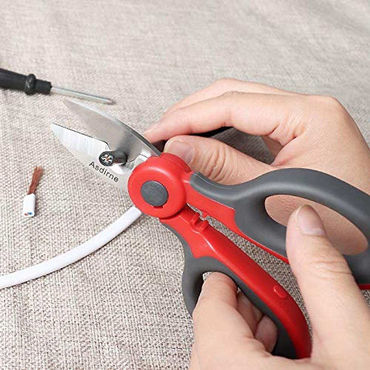 Asdirne 2 Pack Electrician Scissors, Heavy Duty Stainless Steel Sharp Blades and Soft Rubber Grip, Electrician Shears with Protective Cover, 6.1 Inch (Gray/Red)
