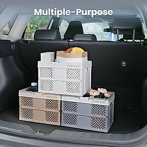 TRZZ 2-Pack Plastic Storage Baskets with Handle, Collapsible Hanging Basket for Organizing, Pastel Storage Crates for Car, Kitchen, Office, Bathroom, and Picnic Organizing, White+Gray. (12.2"x9"x8.2")