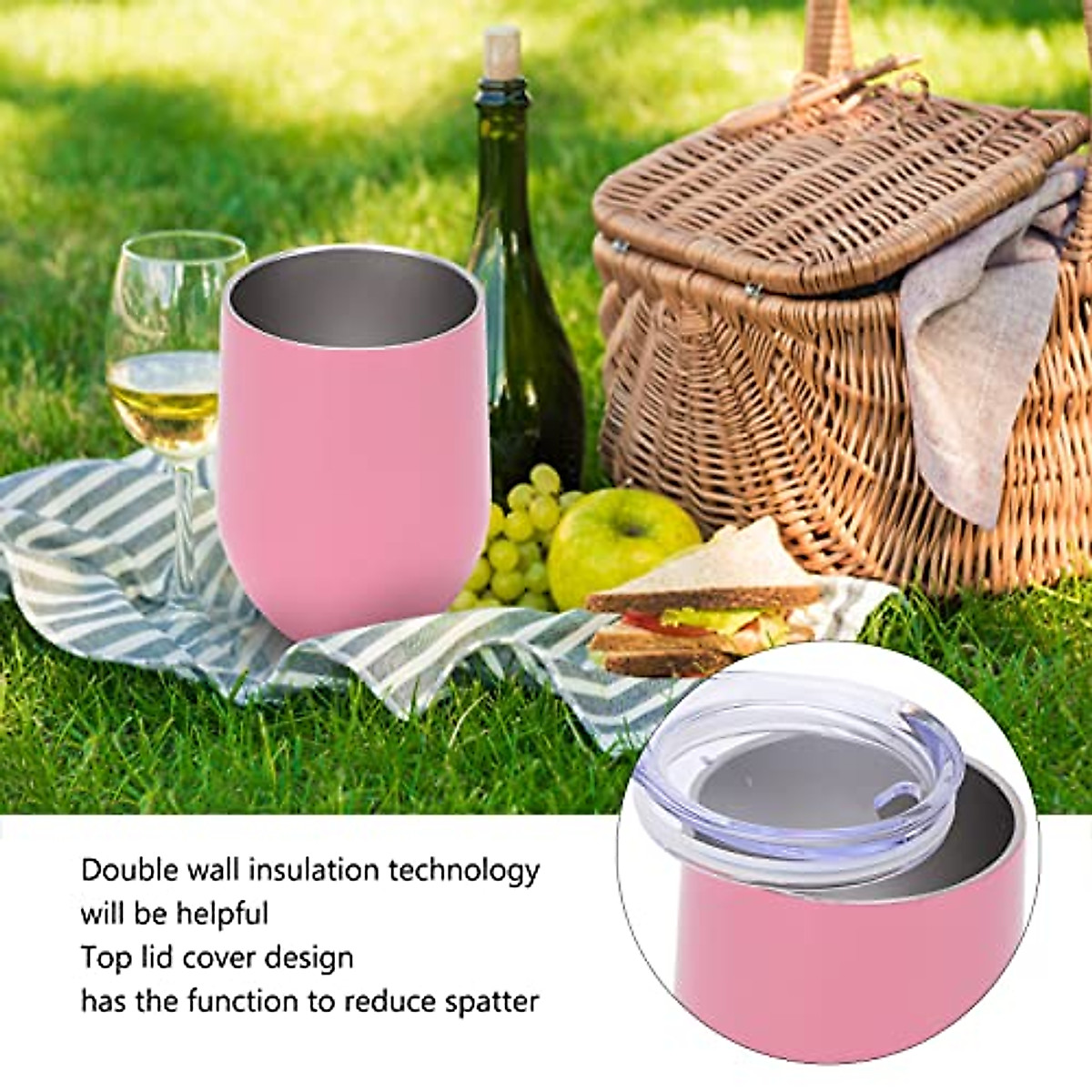 Rayrit 12oz 304 Stainless Steel Vacuum Insulated Cups, Eggshell Cup U Shape Tumbler Cups with Lid, Double Layer Insulation Wine Cup Big Belly Cup for Home Outdoors Drinks Coffee Wine Cocktails (Pink)