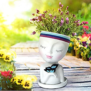 WEWEOW Face Planter/Flower Pot for Indoor Outdoor Plants Resin Succulent Planter with Drainage Hole Cute Lady Face Plant Pots