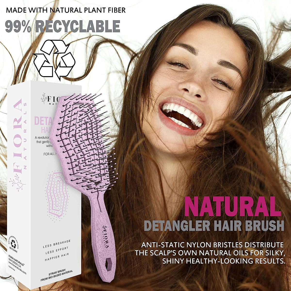 Fiora Naturals Hair Detangling Brush -100% Bio-Friendly Hair Detangler Brush w/Ultra-soft Bristles- Glide Through Tangles with Ease - For Curly, Fine, Women, Men, Kids, Toddlers, Wet and Dry Hair